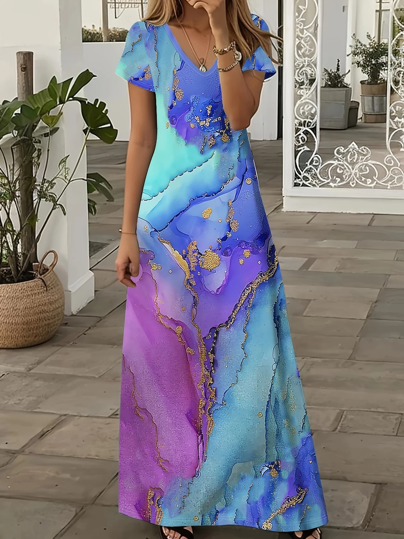 Women's Abstract Print Casual V-Neck Short Sleeve Slit Dress | zolucky