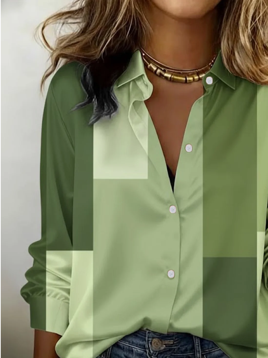 Women's Long Sleeve Shirt Spring/Fall Green Abstract Shawl Collar Daily ...