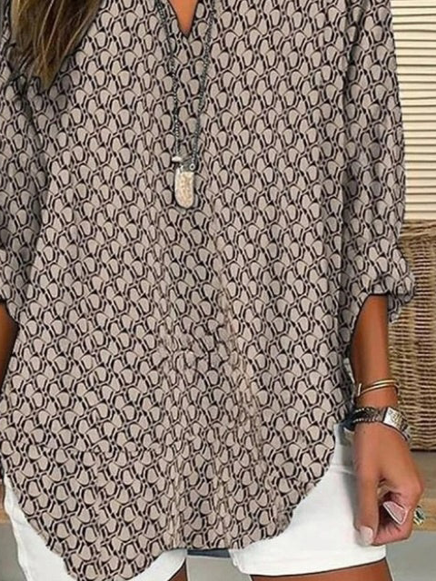 Women's Long Sleeve Blouse Spring/Fall Brown Abstract Printing Cotton ...