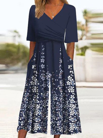 Casual Loose V Neck Pocket Stitching Jumpsuit | zolucky