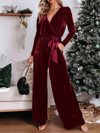 V Neck Velvet Casual Jumpsuit | zolucky