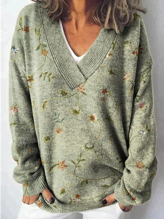 V Neck Casual Floral Sweater | zolucky