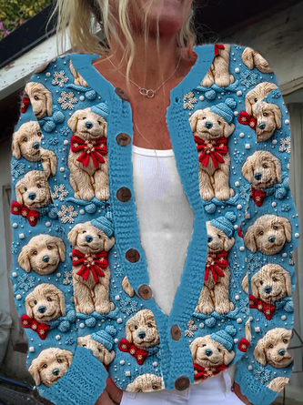 Christmas Puppy Embroidery Animal Pattern Art Print Knitted Cardigan ...