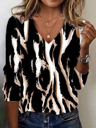 Leopard Print Long Sleeve V-Neck T-shirt | zolucky