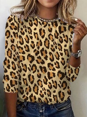 Leopard Print Long Sleeve Crew Neck T-shirt | zolucky