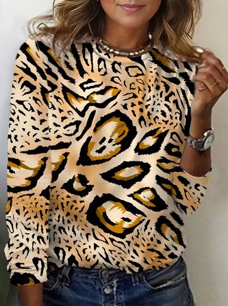 Leopard Print Long Sleeve Crew Neck T-shirt | zolucky