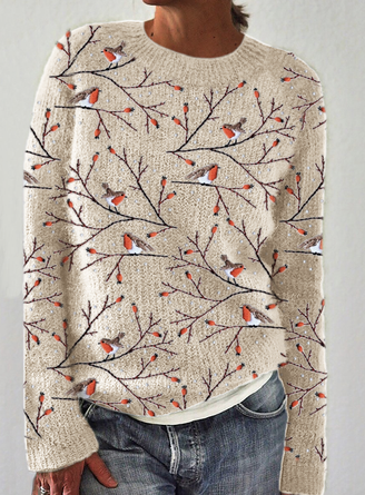 A bird standing on a tree branch, vintage embroidered round neck ...