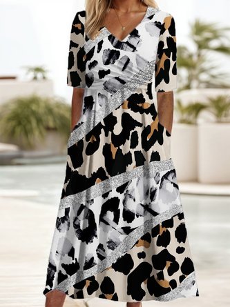 Leopard Print Middle Sleeves V-Neck Dress | zolucky