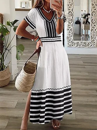 Women's Striped Spring Print V-Neck Short Sleeve Slit Dress | zolucky