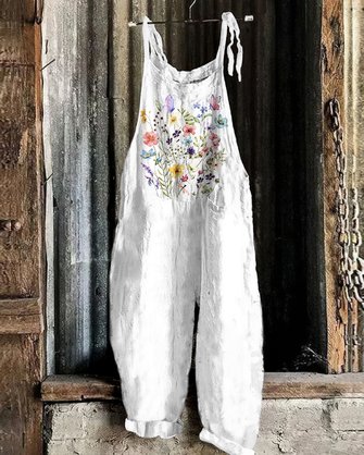 Floral comfortable casual cotton linen jumpsuit | zolucky