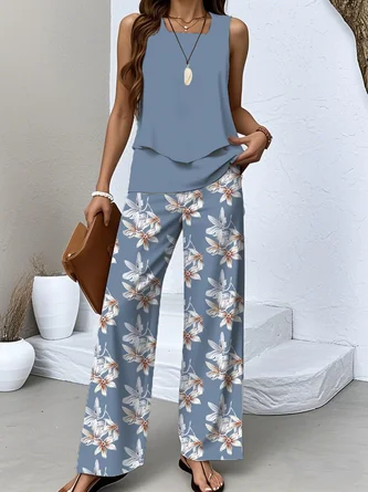 Casual Regular Fit Floral Crew Neck Two-Piece Set With No | zolucky