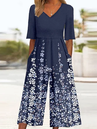 Casual Loose V Neck Gradient Pattern Jumpsuit | zolucky