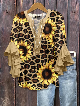 Women's Half Sleeve Shirt Summer Khaki Leopard Printing V Neck Daily ...