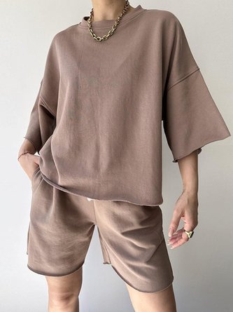 Casual Plain Crew Neck Two-Piece Set | zolucky