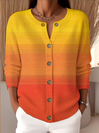 Crew Neck Knitted Gradient Pattern Peasant Cardigan | zolucky