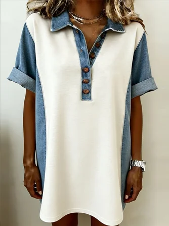 Denim Color Block Plain Jersey Casual Shawl Collar Short Sleeve Casual ...