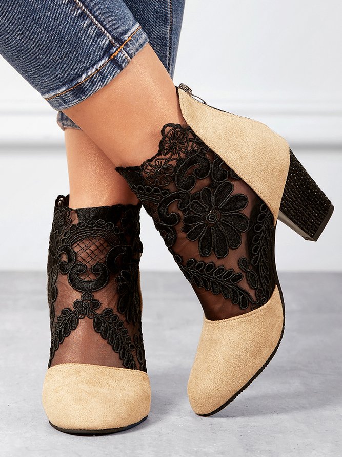 Lace Split Joint Chunky Heel Sandals Boots with Back Zip | zolucky