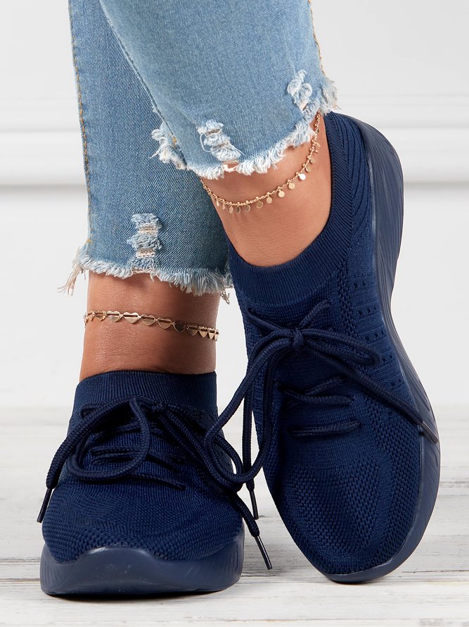 Mesh Platform Solid Color Lace-Up Flyknit Lightweight Soft Sole Slip-On ...