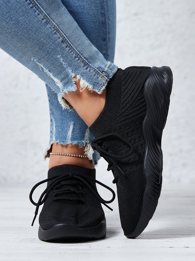 Mesh Platform Solid Color Lace-Up Flyknit Lightweight Soft Sole Slip-On ...