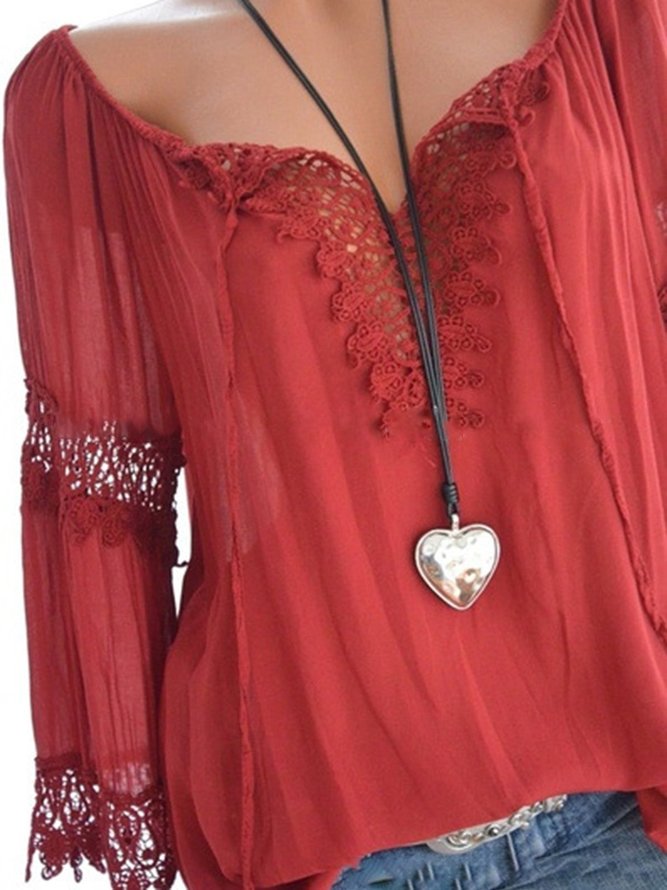 V Neck Casual Long Sleeve Cutout Paneled Lace Blouses | zolucky V Neck Casual Long Sleeve Cutout Paneled Lace Blouses | zolucky