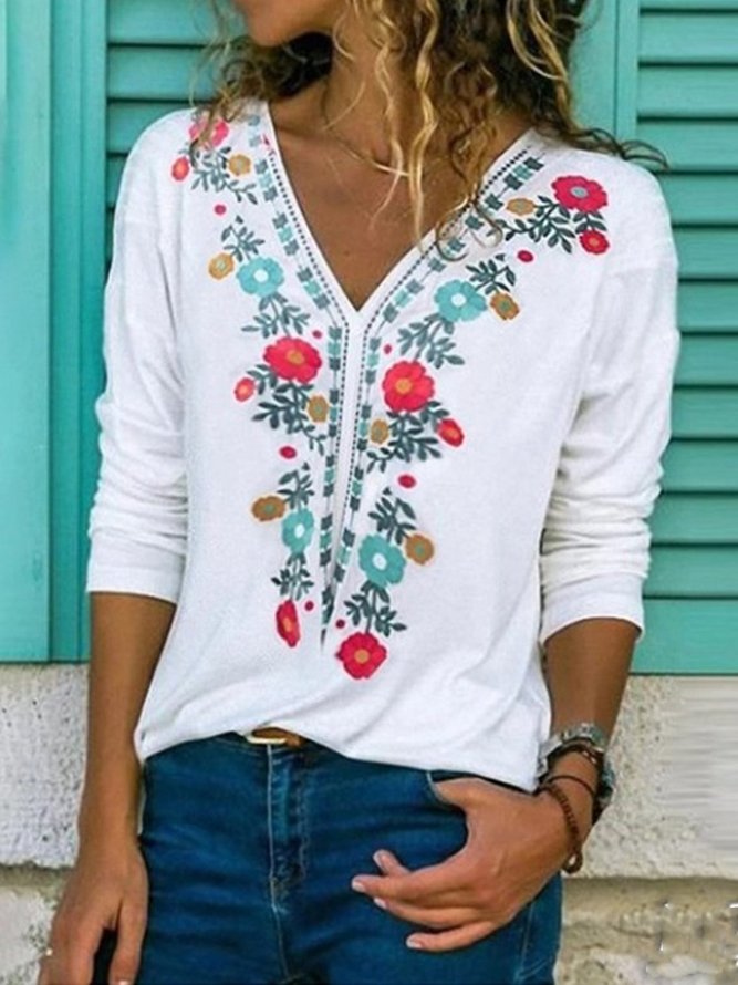 Zolucky Women Cotton Blend Long Sleeve V Neck Vintage Shift Shirt And Top