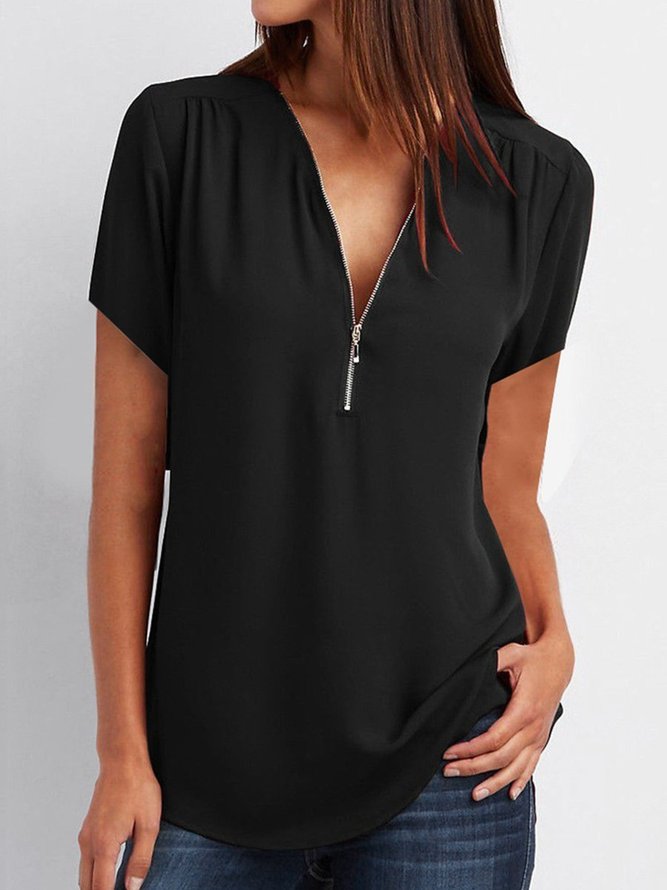Casual V Neck Short Sleeve Zipper Tops Zolucky