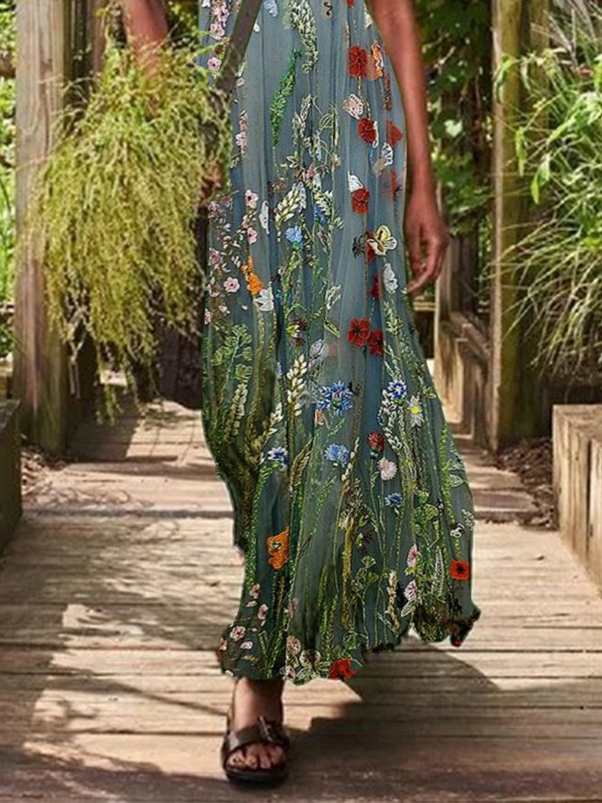 Hiding In The Forest Holiday U-Neck Long Sleeve Floral Dresses | zolucky