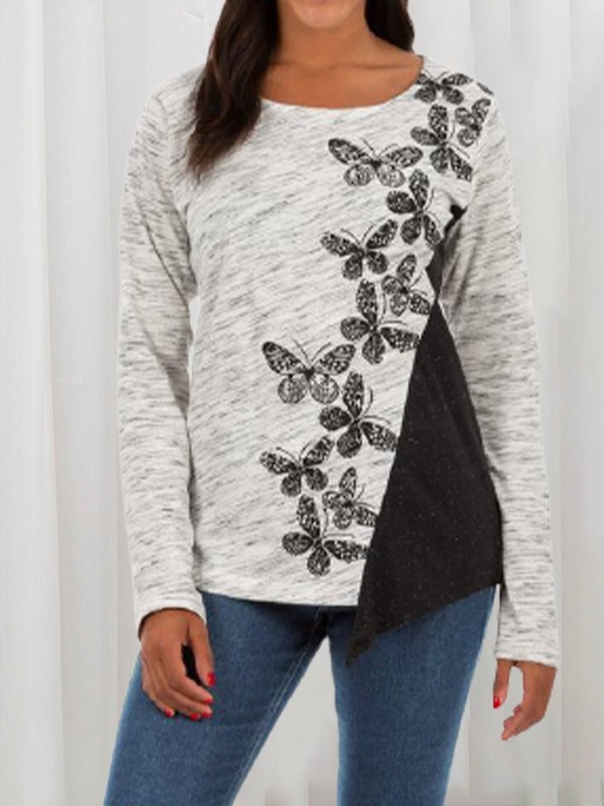 Butterflies Shift Cotton Blend Long Sleeve Floral Print Shirts And Tops