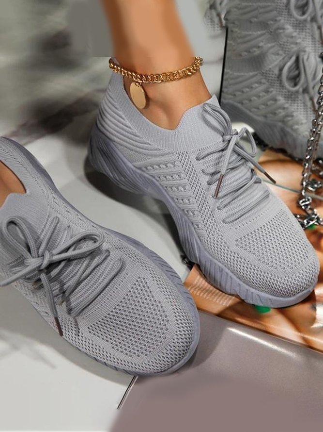 Mesh Platform Solid Color Lace-Up Flyknit Lightweight Soft Sole Slip-On ...