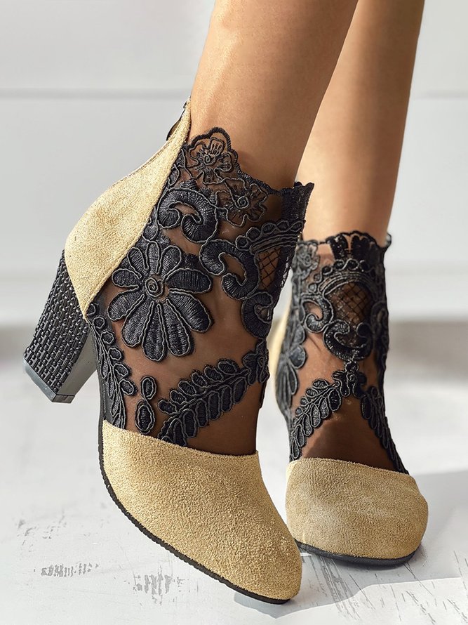 Lace Split Joint Chunky Heel Sandals Boots with Back Zip | zolucky