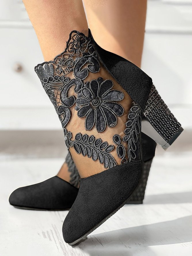 Lace Split Joint Chunky Heel Sandals Boots with Back Zip | zolucky